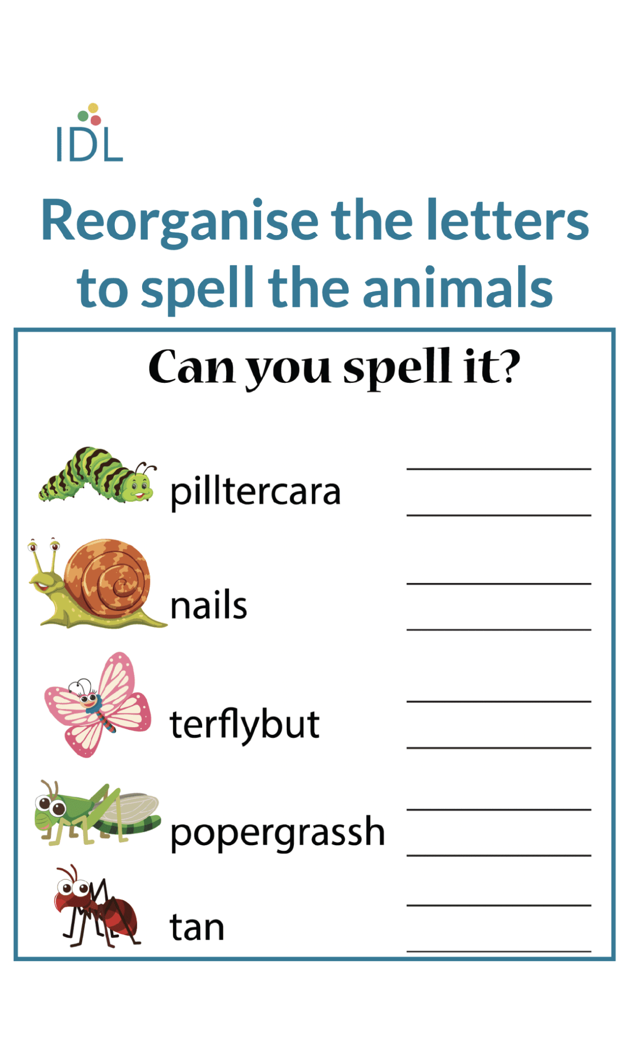 Animal Spelling Worksheet 2 - IDL Group