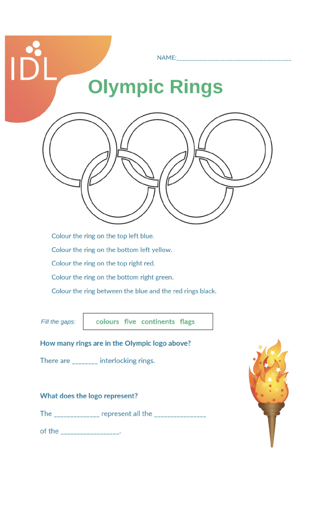 Olympics Colouring and Gap Filling Worksheet - IDL Group